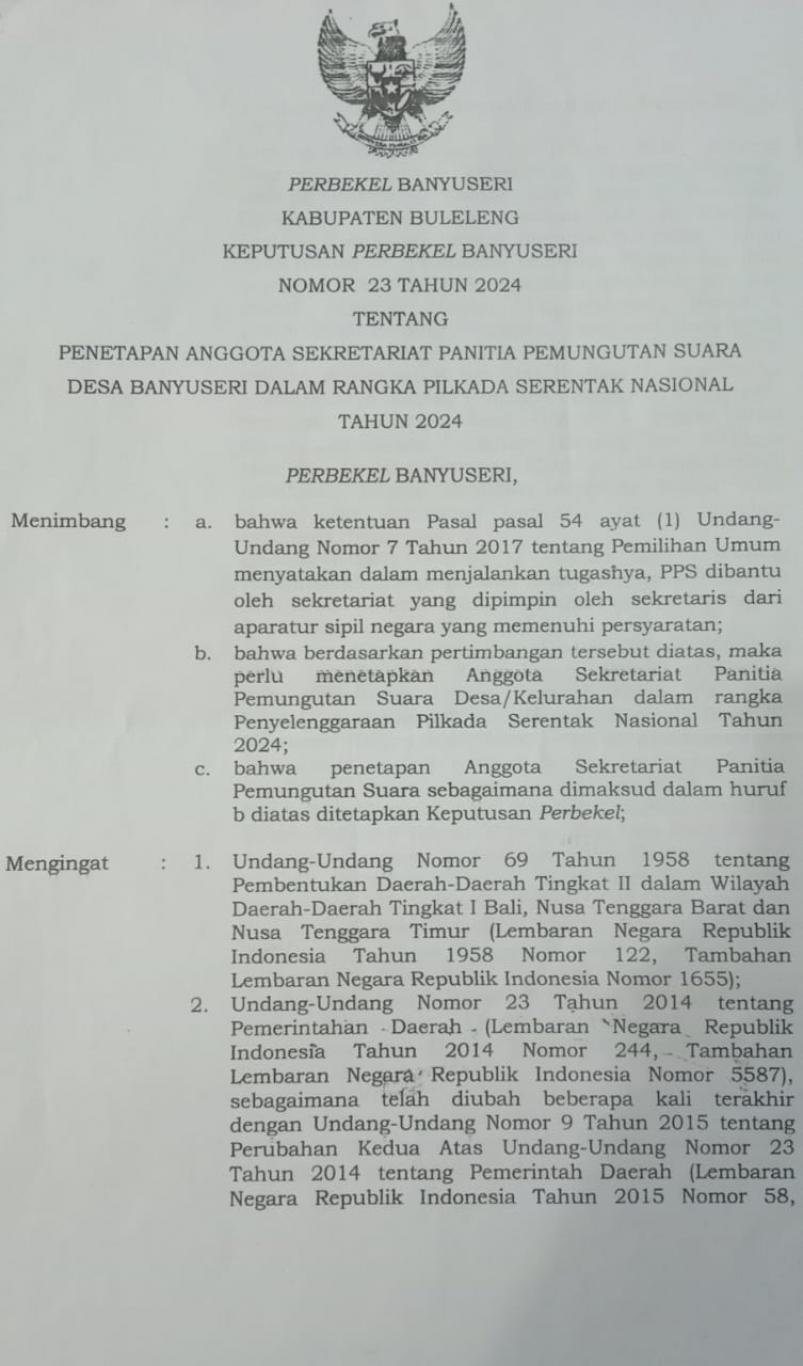 Keputusan Perbekel Banyuseri Nomor 23 Tahun 2024 Tentang Penetapan ...